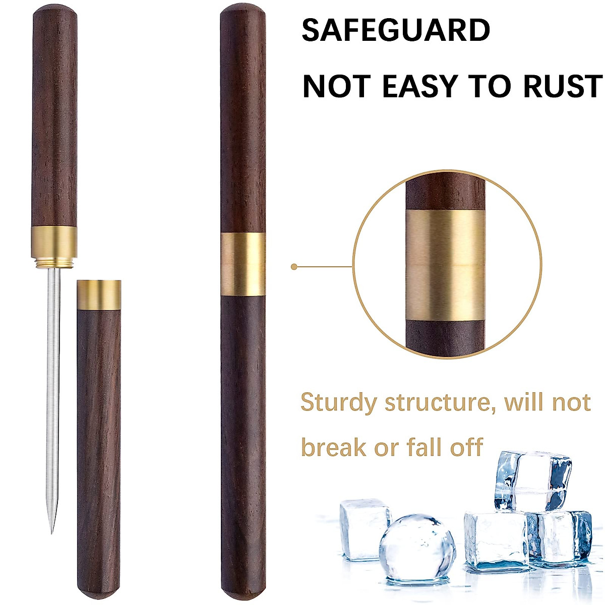 9" Ice Picks Stainless Steel Wooden Handle With Cover for Kitchen, Bars, Bartender,Picnics, Camping, And Restaurant (Black/Red sandal wood)