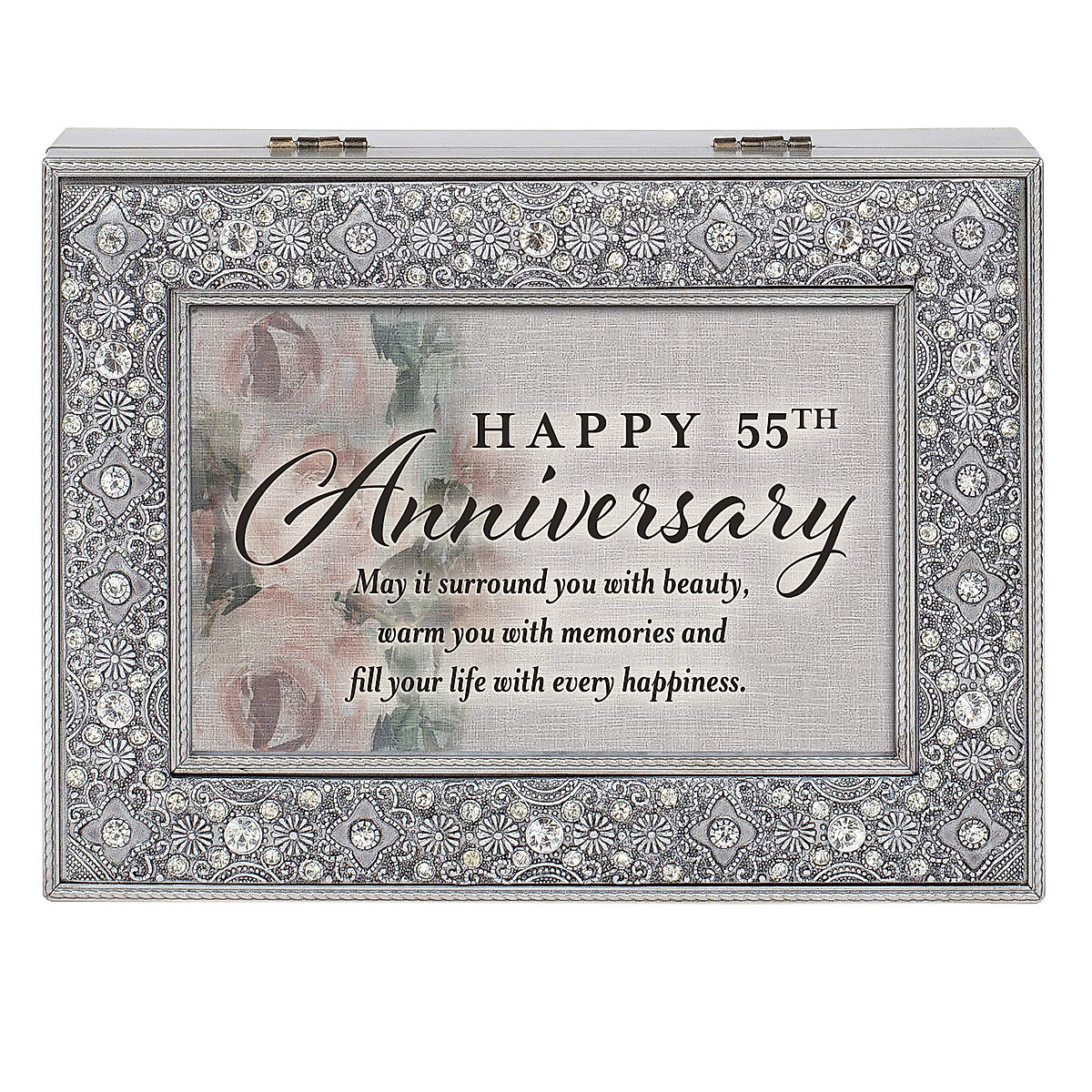 Cottage Garden Happy 55th Anniversary Brushed Pewter Finish Jeweled Music Box Plays Wonderful World