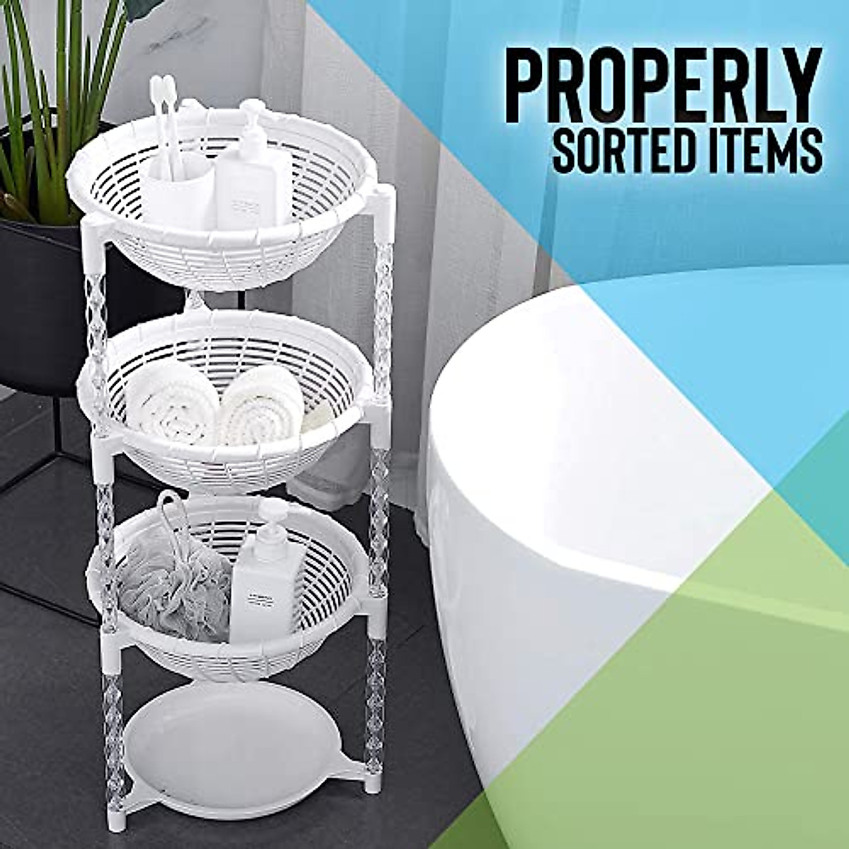 Uncluttered Designs Stacking Basket Bins (3 Tier + Plate) — Display for Fruit, Potato, Onion & Produce — Crafts, Art Supplies & Housewares Organizer — Bedroom & Bathroom Organization & Storage (White)