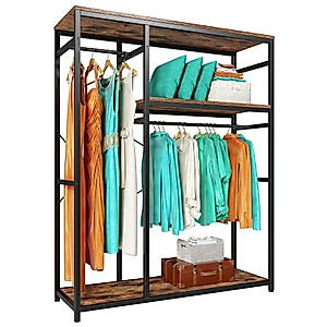 REIBII Free Standing Closet Organizer System,Clothes Racks for Hanging Clothes,Garment Rack Heavy Duty Clothing Rack with Shelves,Portable Closet Rack Load 300LBS,16" D x 39.5" W x 71" H, Black