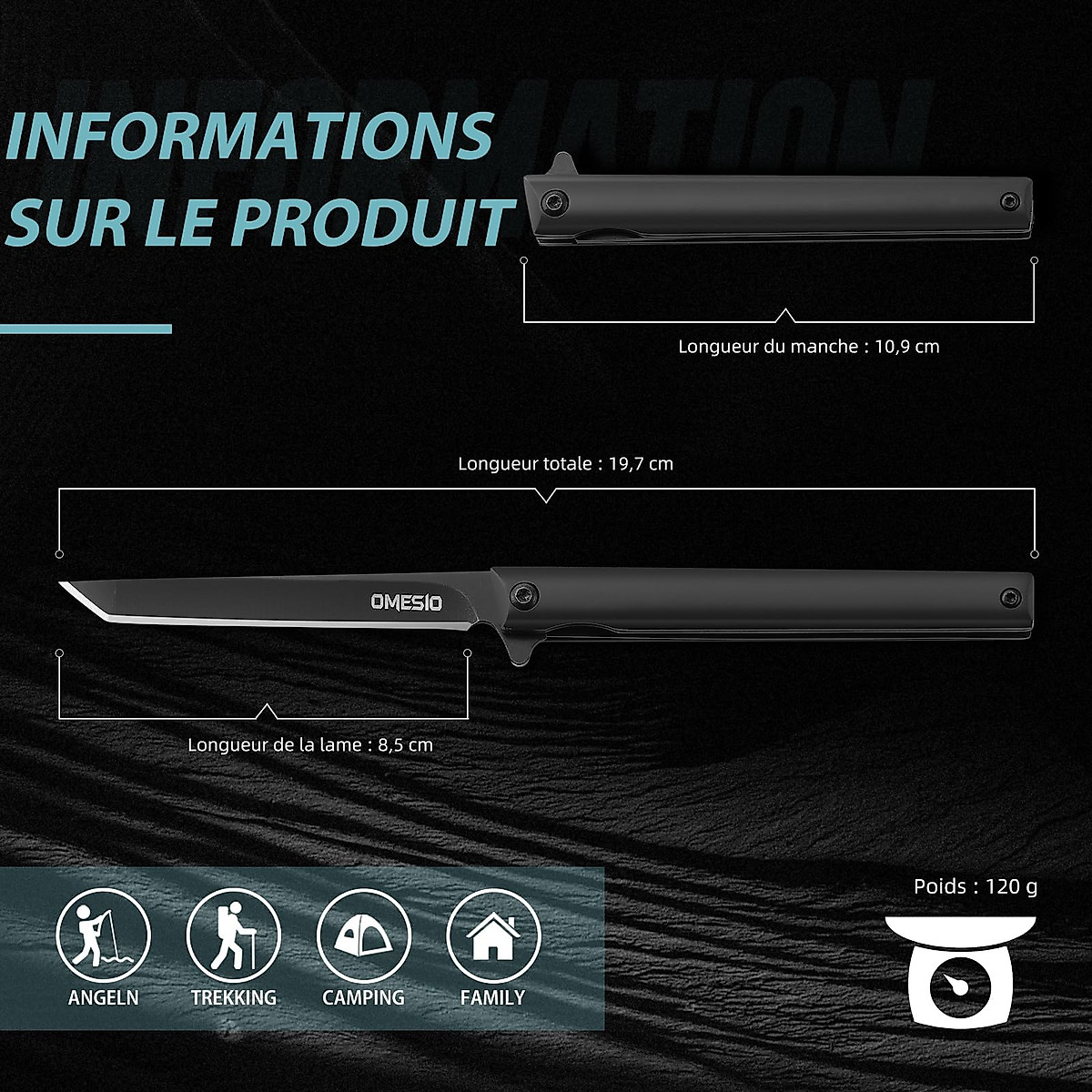 Omesio Slim Pocket Folding Knife, Tanto Folding Knife with Clip and Sheath, EDC Gentleman's Knife with Liner Lock, Flipper Open for Outdoor Camping and Survival, as Gifts for Men Women, Black