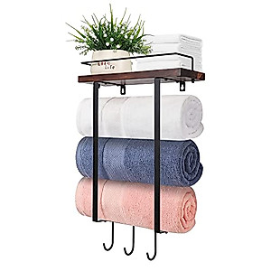 Towel Rack Wall Mounted for Bathroom Decor, Metal Towel Holders with Wooden Shelf and 3 Hooks, for Large Rolled Towels, Hand Towels, Washcloths, Towel Storage, for RV, Small Bathroom Organizer