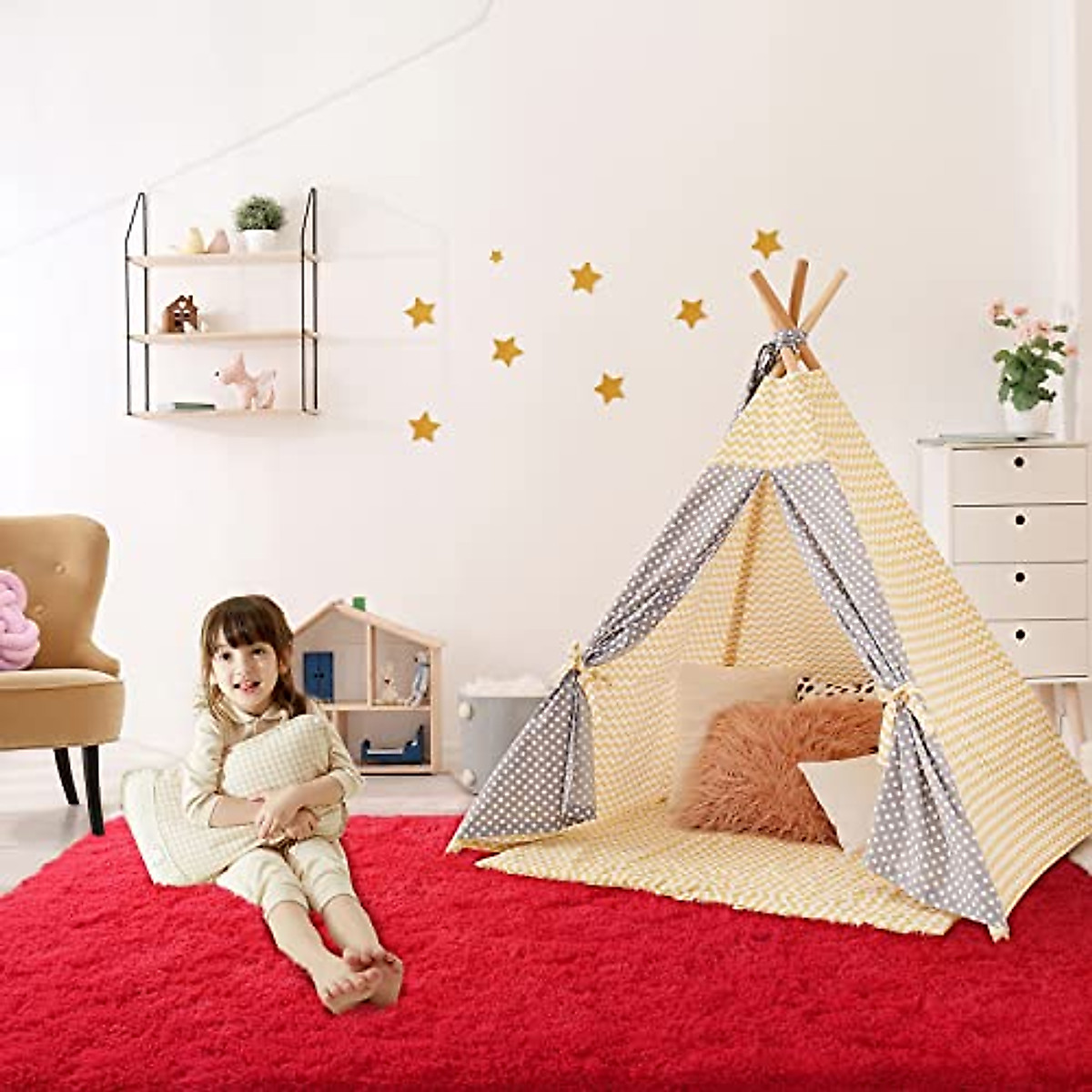 BENRON Plush Red Fluffy Rug Ultra Soft Furry Bedroom Rugs Kids Room Carpets Non-Slipping Living Room Rug 4 x 6 Feet, Cozy Bedside Runner Rugs