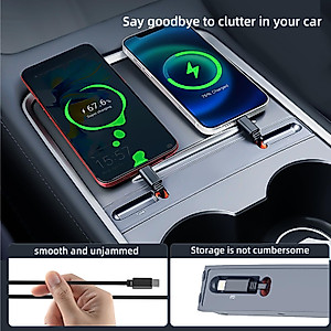 ROADRESS Tesla USB Hub for Model 3 Model Y 2021 2022 2023 Center Consoles with Dual Retractable Charging Cable, Lightning Cable Fast Charging Up to 27W