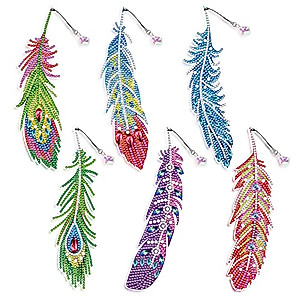 WHATWEARS Feather Diamond Painting Bookmarks 6 Pieces 5D Diamond Drawing Bookmarks Acrylic Art Bookmarks with Tassel Bookmarks for Adults Kids Students Crafts DIY Making Graduation Birthday