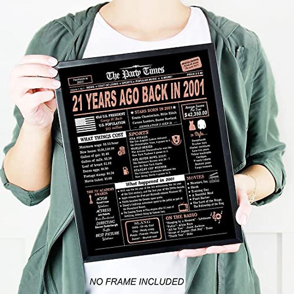 21st Birthday Decorations for Girls, Back in 2001 Print, 21st Party Card Poster Supplies Anniversary Centerpiece for Girls Teens, 21st Birthday Gifts for Girls (8 x 10in, UNFRAMED, Rose Gold)