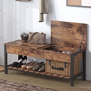 NSdirect Storage Shoe Bench,Lift Top Box with 2 Safety Hinges Entryway Bench with Shoe Storage Rack for Living Room, Bedroom, Vintage Brown