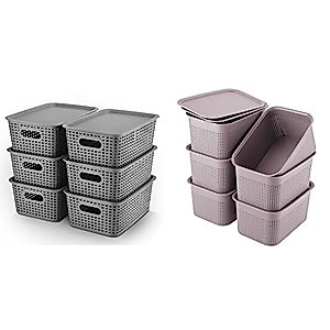 AREYZIN Plastic Storage Baskets With Lid Organizing Container Lidded Knit Storage Organizer Bins for Shelves Drawers Desktop Closet Playroom Classroom Office, Grey and Purple