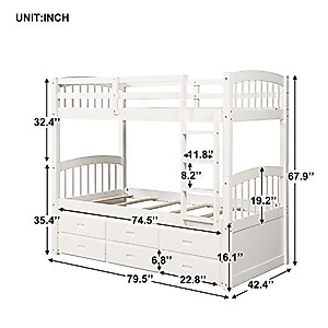 Harper&Bright Designs Twin Over Twin Bunk Bed with Safety Rail, Ladder, White Twin Trundle Bed with 3 Drawers for Kids, Teens Bedroom, Guest Room Furniture