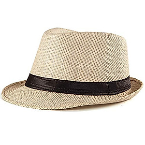 Straw Fedora Hats for Men - Beige Hat for Men Summer Casual Fedora Hat with Band (One Size: 7 1/4, fits Head Circumference 22" - 22 7/8")
