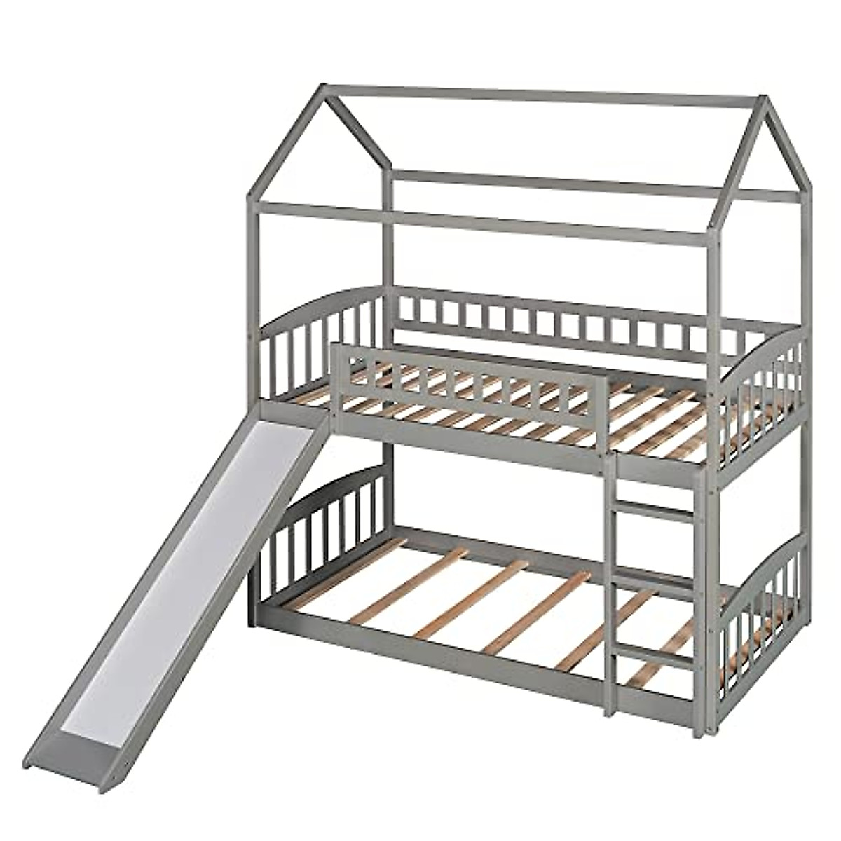 House Bunk Beds with Slide, Twin Over Twin Bunk Bed with Roof, Solid Wood Playhouse Bunk Bed for Kids Girls Boys Teens