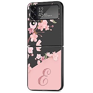 Flower Letter Pink A B C Initial Case for Samsung Galaxy Z Flip 3 4 5G Black Hard PC Phone Housing,Z5,for Z Flip4 5G