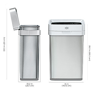 Clorox 13 Gallon Trash Can - 50L Slim Open Top Garbage Bin for Commercial Spaces, Kitchen, Office - Narrow Rectangular Stainless Steel Body with Hinged Rim and Odor Protection