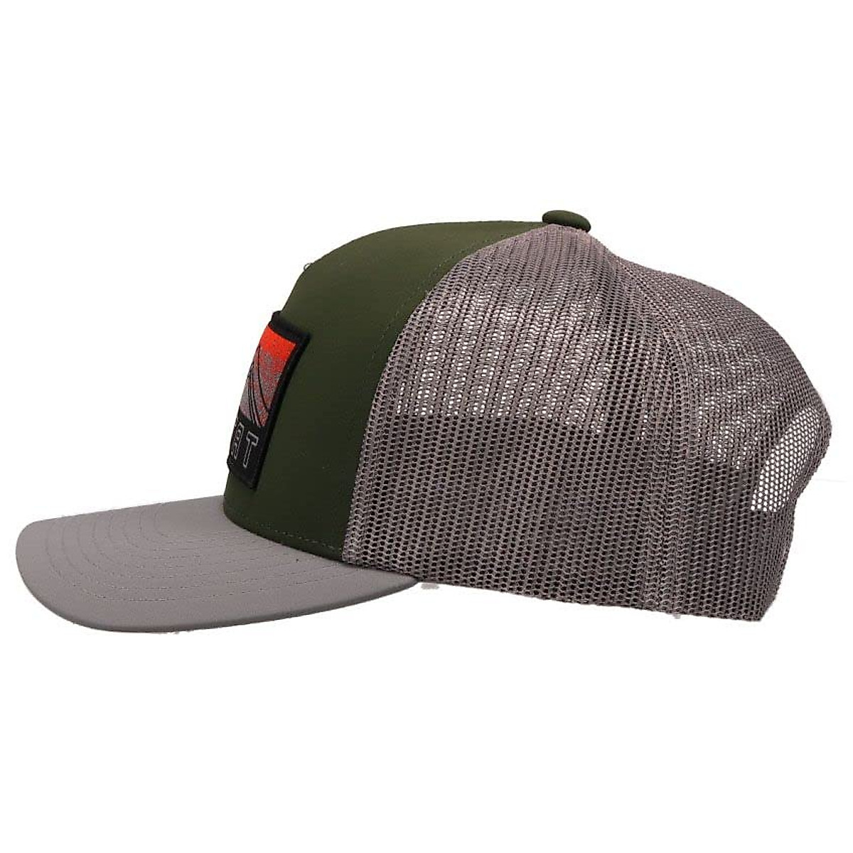 Hooey Habitat in Green and Grey Five Panel Trucker with Black Orange and Grey Rectangle Patch 6012TGRGY
