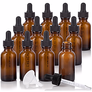 JUVITUS 1 oz / 30 ml Amber Glass Boston Round Bottle with Graduated Measurement Glass Dropper (12 Pack) + Funnel