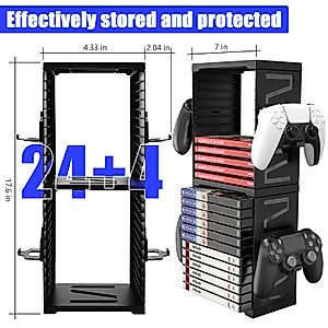 SIKEMAY Game Storage Tower for PS5/ PS4/ Xbox Series S & X/Xbox, Universal Video Games Discs Organizers 24 PCS with 4 Controllers Holder, Game Disk Box Stand Rack Accessories - Black
