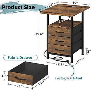 GYIIYUO Night Stand Set 2 with 19'' D Larger Tabletop and 3 Fabric Drawer, Bedside Tables with Fast Charging Station, Spacious Storage, Large Side Tables for Bedroom, Rustic Brown