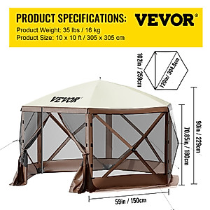 VEVOR Gazebo Screen Tent, 10 x 10 ft, 6 Sided Pop-up Camping Canopy Shelter Tent with Mesh Windows, Portable Carry Bag, Ground Stakes, Large Shade Tents for Outdoor Camping, Lawn and Backyard