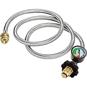 MOFLAME 1 lb. to 20 lbs. Propane Adapter Hose Conveter With Fuel Gauge,6FT Stainless Braided Propane Hose Adapter Converter 1 lb Protable Appliance.Heater.Camping Stove to 5-100lb POL LP Tank.
