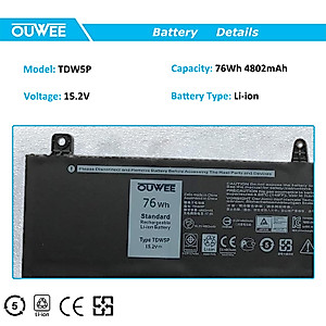 OUWEE TDW5P Laptop Battery Compatible with Dell Alienware 13 R3 ALW13C D1738 D2718 D2728 D2738 D2838 D2508 D2503S D2506S D2715S Series V9XD7 0V9XD7 04RRR3 0JFWX7 15.2V 76Wh 4840mAh