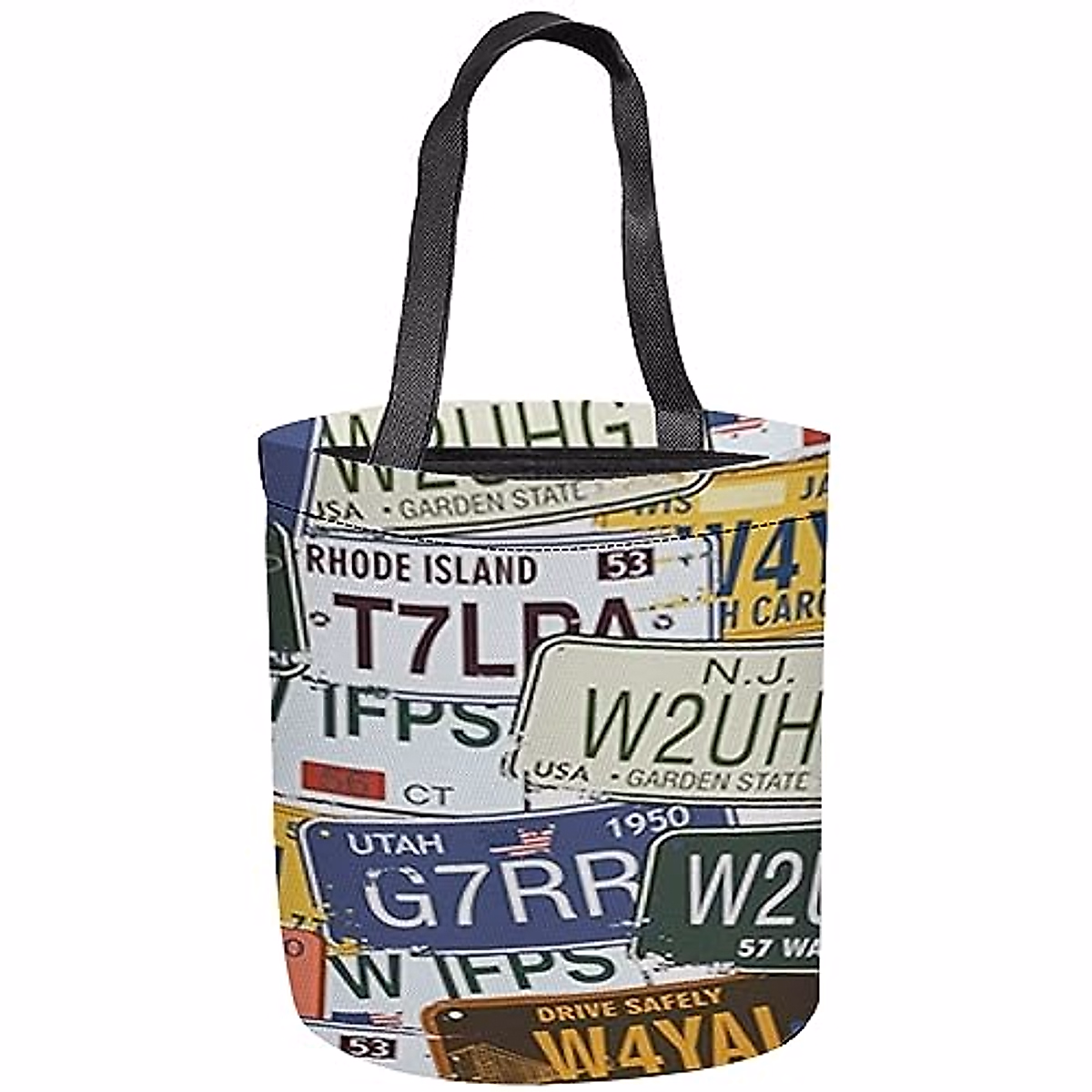 Fubido Vintage Plates Print, Halloween Trick or Treat Bags,Original Retro Style License Plates,Candy Bucket Tote Bag,Blue Green