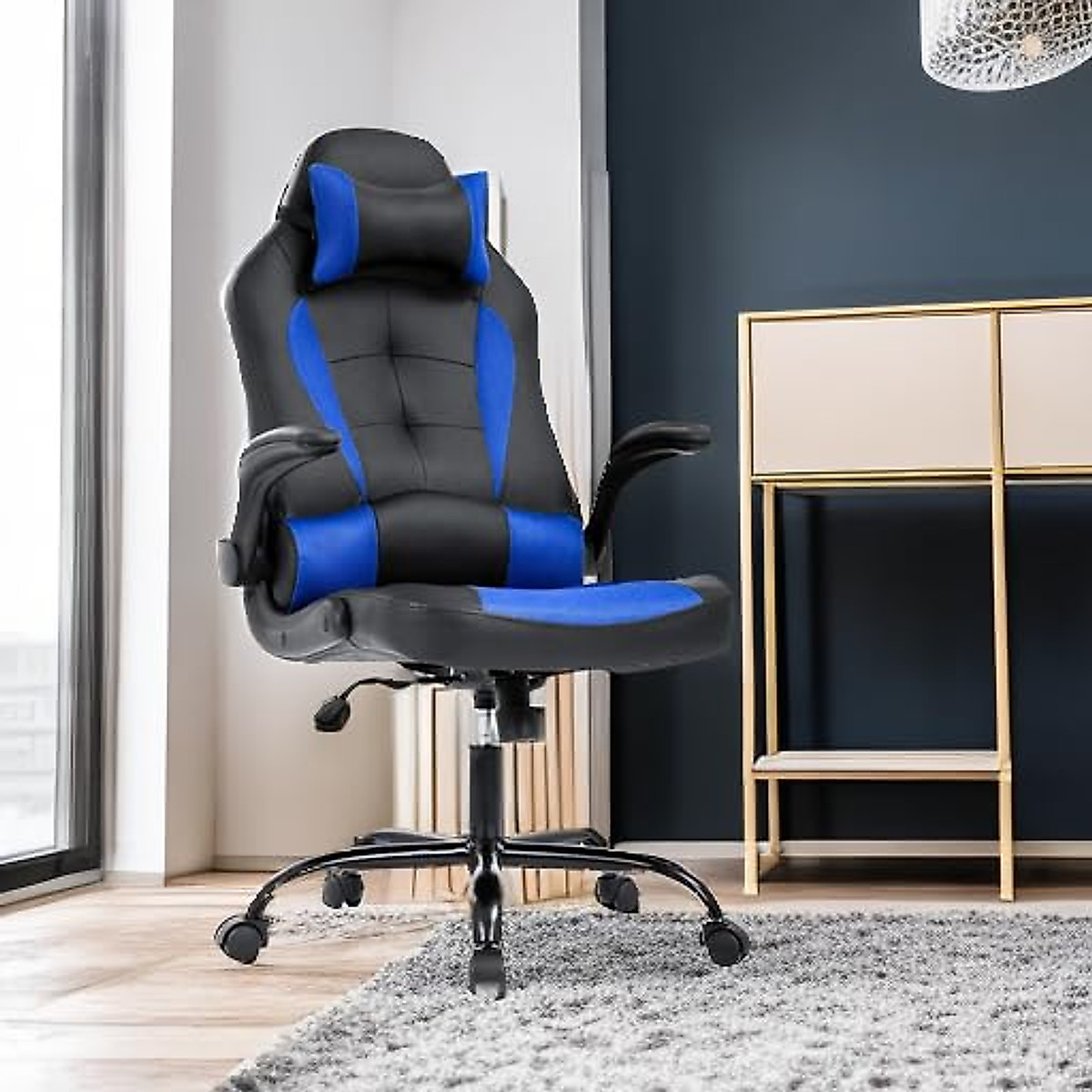 Gaming Chair Office Chair Desk Chair with Lumbar Support Flip Up Arms Headrest PU Leather Swivel Rolling Adjustable High Back Racing Computer Chair for Women Men Adults,Blue