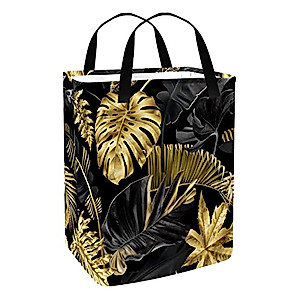 Glod Color Leave Print Collapsible Laundry Hamper, 60L Waterproof Laundry Baskets Washing Bin Clothes Toys Storage for Dorm Bathroom Bedroom