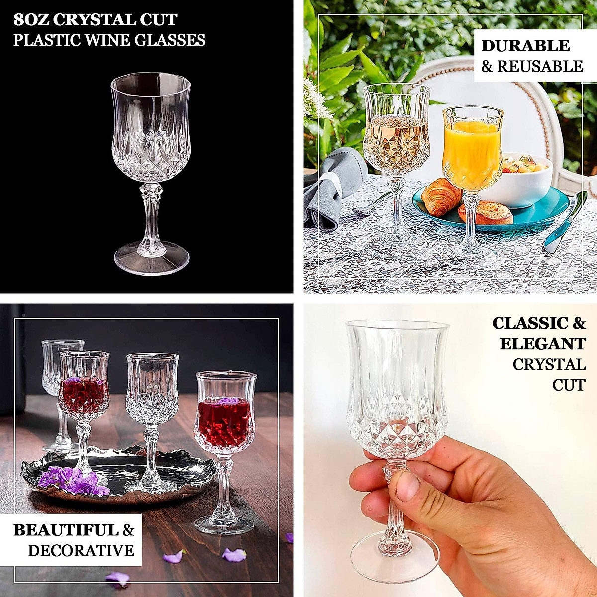 Efavormart 6 Pack | 8oz Black Crystal Cut Reusable Plastic Wine Glasses, Disposable Cocktail Goblets