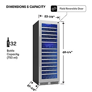 Zephyr Presrv 24" Wine Fridge Full Size Dual Zone - Wine Cooler Cellars Large Cabinet Wine Refrigerator Home Bar Chiller Freestanding with French Glass Door - 138 Bottles 750 ml