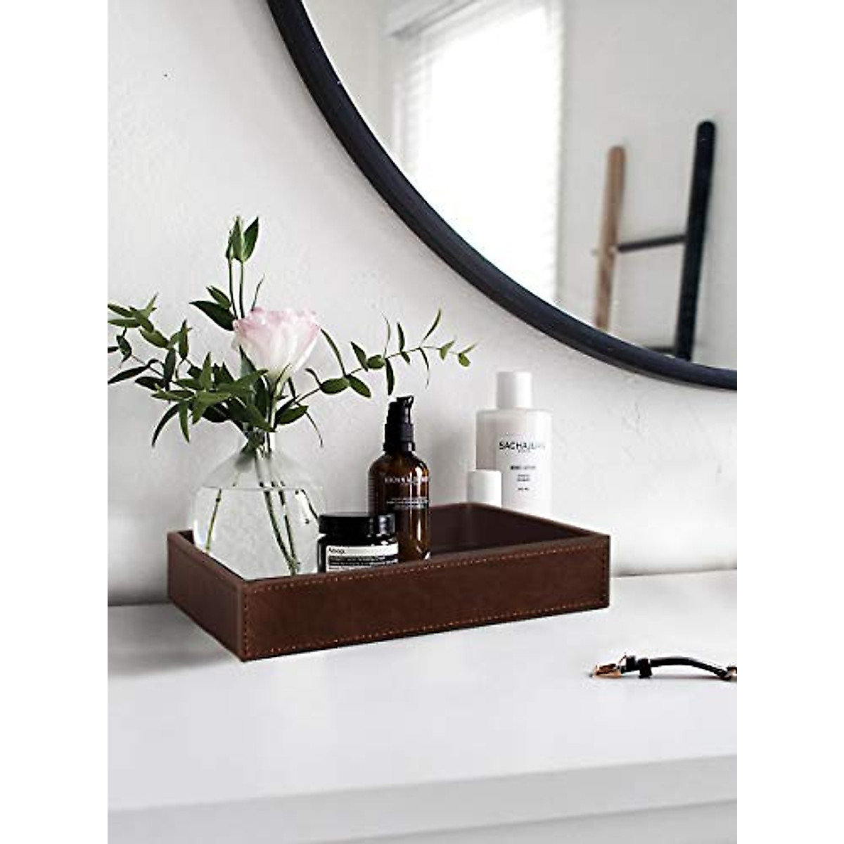 HofferRuffer Decorative Vanity Tray, Desktop Storage Organizer, Catchall Tray, Valet Tray, Nightstand or Dresser Organizer, PU Faux Leather Bathroom Tray, Brown, 10.2 x 8.4 x 1.8 inches