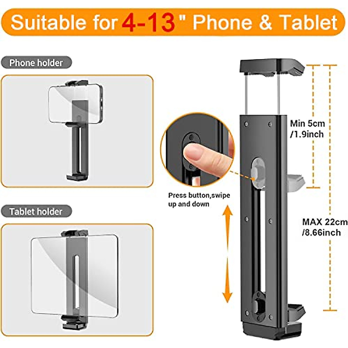63" Tripod Stand for 4"-13" Phone & Tablet, Camera Tripod Stand with Rechargeable Remote & Bag, Aluminum Professional Tripod 2 in 1 Mount & 1/4" Screw Tripods for iPhone, iPad, Camera, Projector