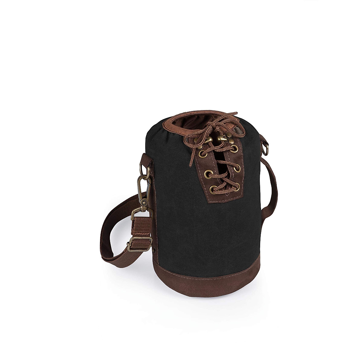LEGACY - a Picnic Time brand Canvas Lace-up Insulated Growler Tote, Black with Brown Accents