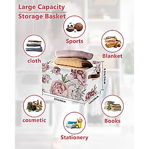 Spring Floral Storage Bins 2 Pack, Large Waterproof Storage Baskets for Shelves Closet, Farmhouse Pink Summer Flowers White Storage Basket Foldable Storage Box Cube Storage Organizer with Handles