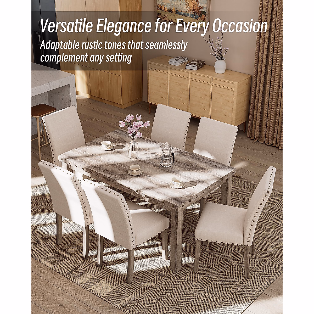 Morden Fort 7 Piece Rustic Wooden Dining Set, Mid-Century Modern Table & Chair Set for Spacious Dining Rooms and Entertaining Guests