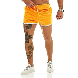 Ouber Men's Fitted Shorts Bodybuilding Workout Gym Running Tight Lifting Shorts with Pockets (Yellow, Small)