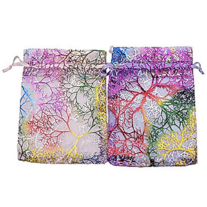 Tvoip 100Pcs Coral Pattern Organza Drawstring Pouches Jewelry Packaging Organza Bags Candy Wedding Christmas Party Gift Bags(Mix) (4x6" (10x15cm))