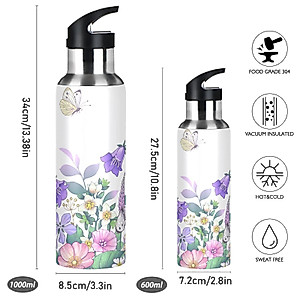 Kigai Butterfly Flowers Stainless Steel Sports Water Bottle BPA-Free Vacuum Insulated Leakproof Wide Mouth Flask with Straw Lid Keeps Liquids Cold or Hot for Gym Travel Camping