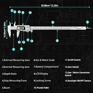 Raynesys Digital Caliper 12 inch 300mm Micrometer Caliper All Stainless Steel Electronic Diameter Measuring Tool with Large LCD Screen for Household/Jewelers/DIY