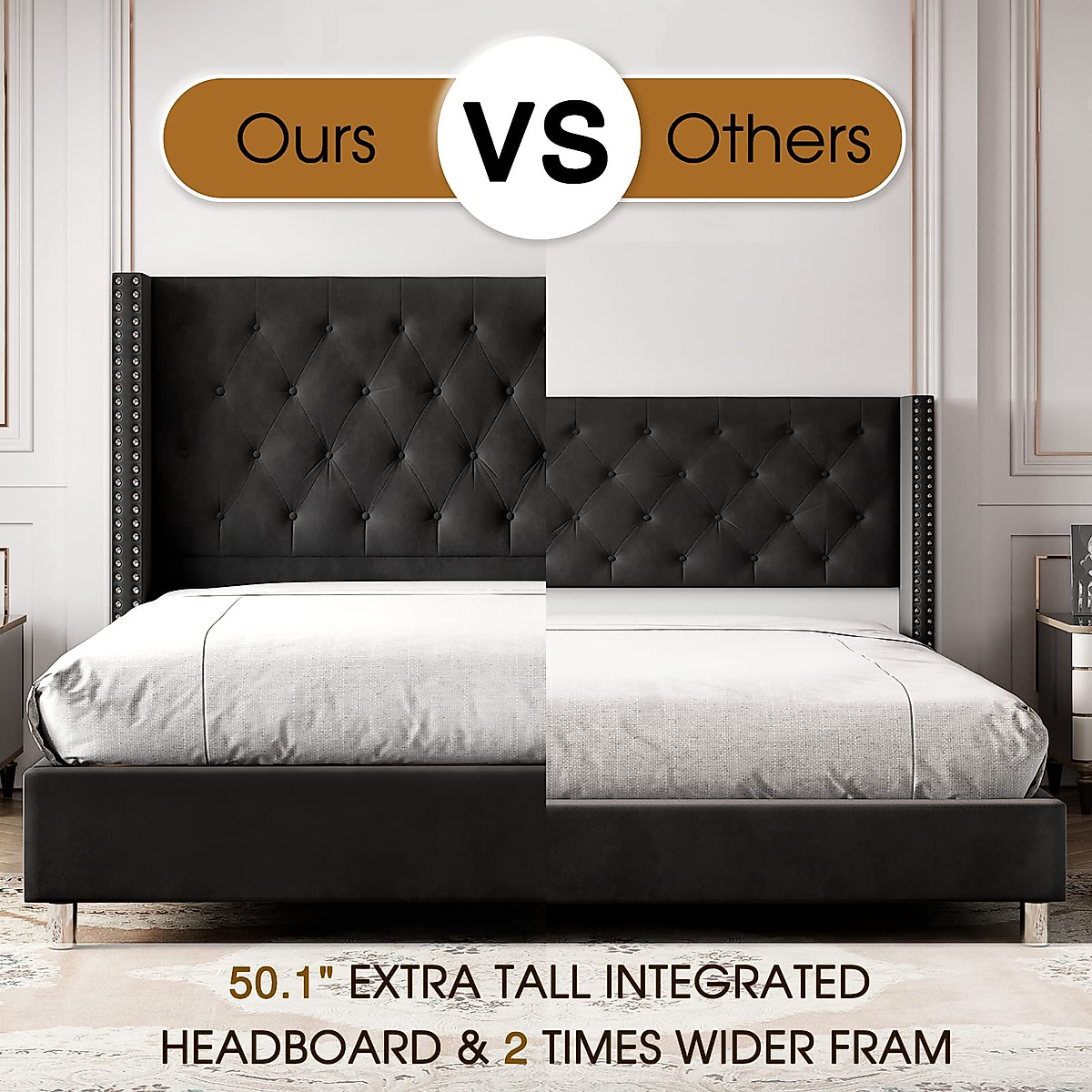 PaPaJet King Bed Frame Upholstered Bed Velvet Low Profile Platform Bed with Raised Wingback Headboard/No Box Spring Needed/Easy Assembly/Cream