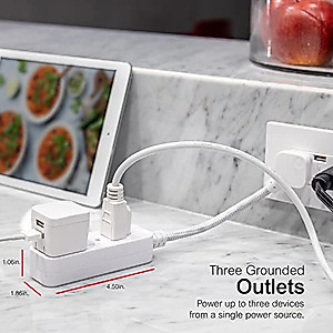 GE 3-Outlet Power Strip Extension Cord with Multiple Outlets 6 Inch Braided Short Cord Extension Cord Grounded Flat Plug Extension Cord UL Listed White 45190