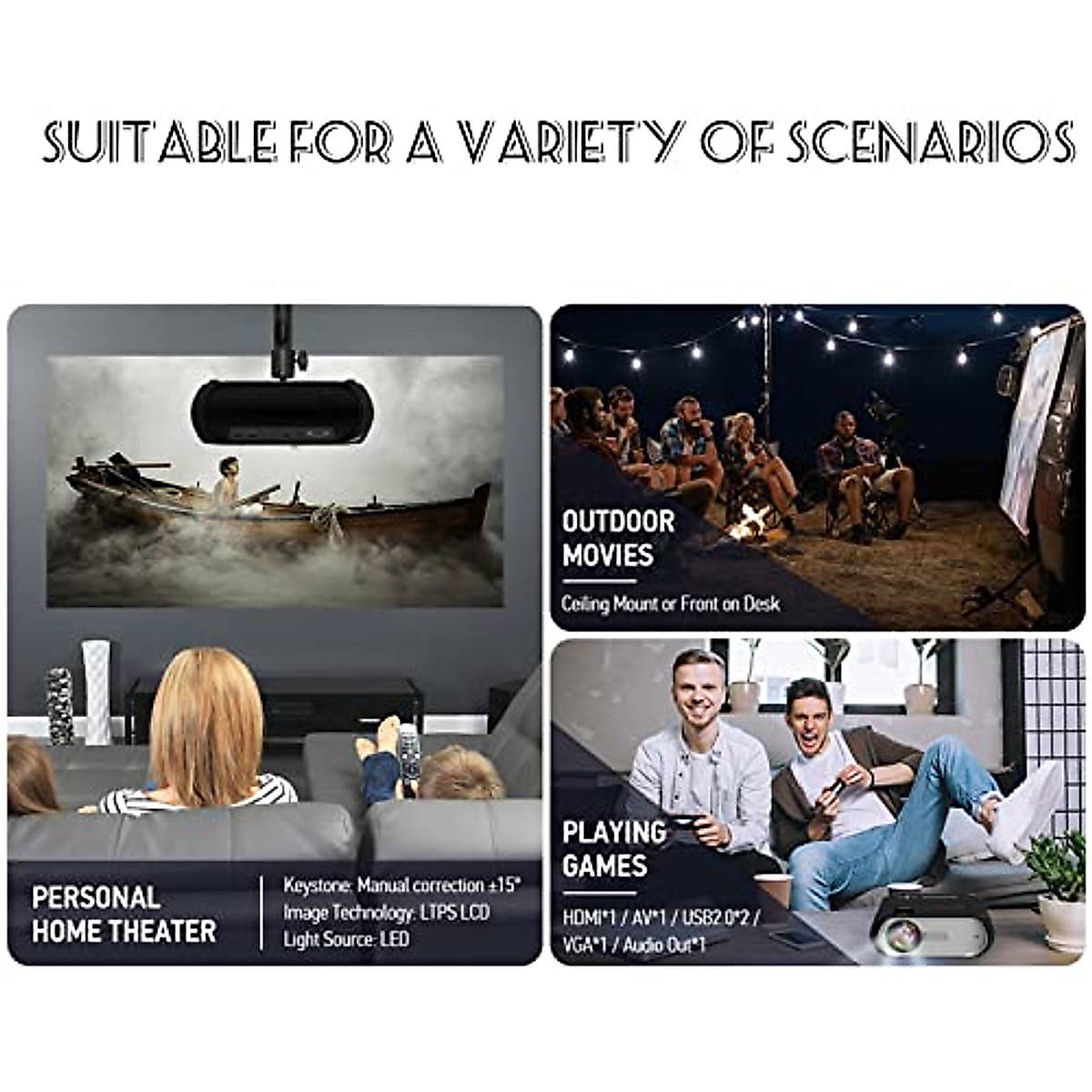 Mini Projector Portable Projector Compatible with HDMI/VGA/AV/DVD/USB/Headphone Jack/Laptop/ iOS & Android Apartment Must Haves Electronics Tech Gadgets Birthday Gifts for Men Personalized Gifts