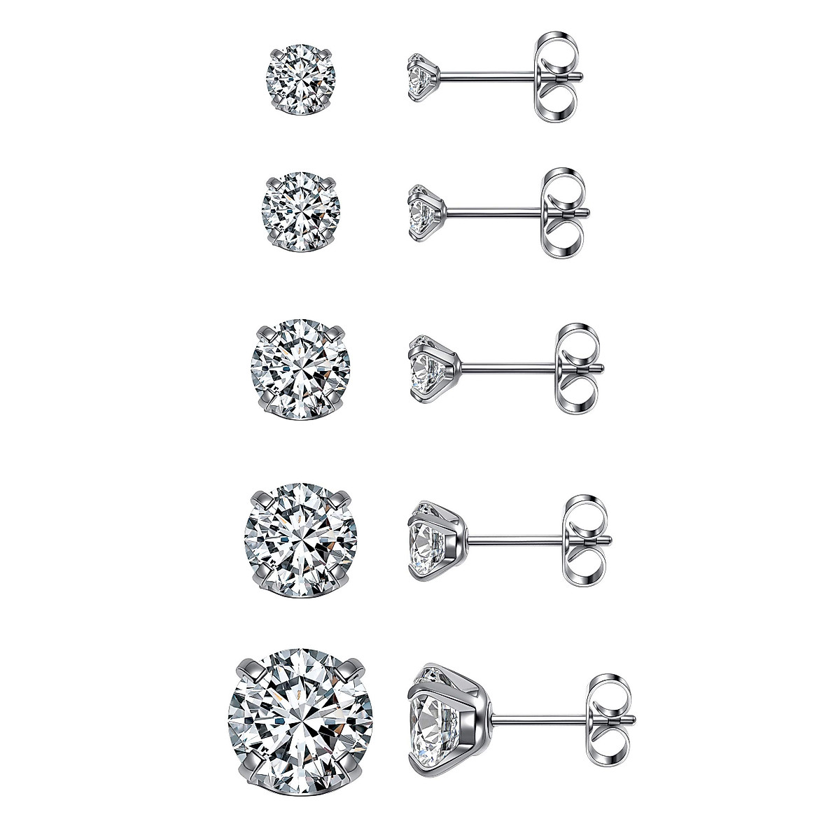 Jovivi 20G Hypoallergenic Stainless Steel Cubic Zirconia Silver Stud Earrings Set for Women, 5 Paris, 3MM-8MM