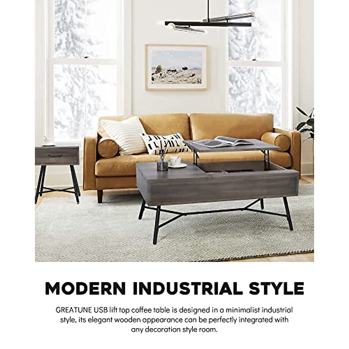 OUllUO Wood Lift Top Coffee Table with Charging Station, Vintage Coffee Table with Storage, Rustic Central Table for Living Room, Home Office, Gray Rising Coffee Table