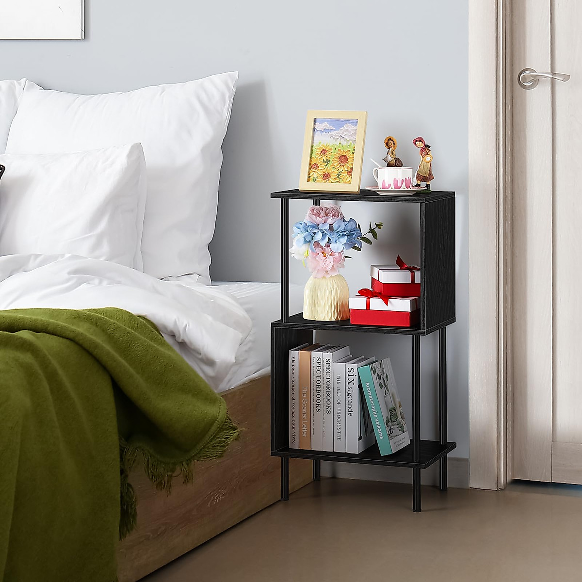 ETELI 3 Tier Small Bookshelf Black Book Shelf for Small Spaces S Shaped Bookcase Organizer for Office, Kids, Living Room Bedroom Home Corner