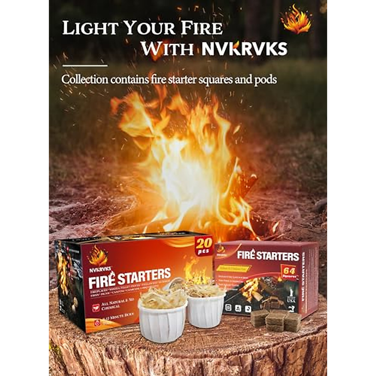 Nvkrvks Fire Starter, Easy-Burning Fire Starter Squares for Wood Stoves, Campfires, Grill Pit and Fireplace, Natural & Waterproof BBQ Fire Starters, 64 Mini Square