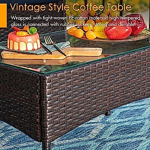 PHI VILLA 4 Pieces Outdoor Furniture Set, Wicker Loveseat & Chairs with Thick Gray Cushions & Glass Coffee Table, Modern Sectional Conversation Sofa Set for Patio, Deck, Yard, Porch