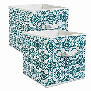 Contemporary Home Living Set of 2 Teal Blue Nonwoven Polyester Cube Storage Bin with Scroll Design 13"