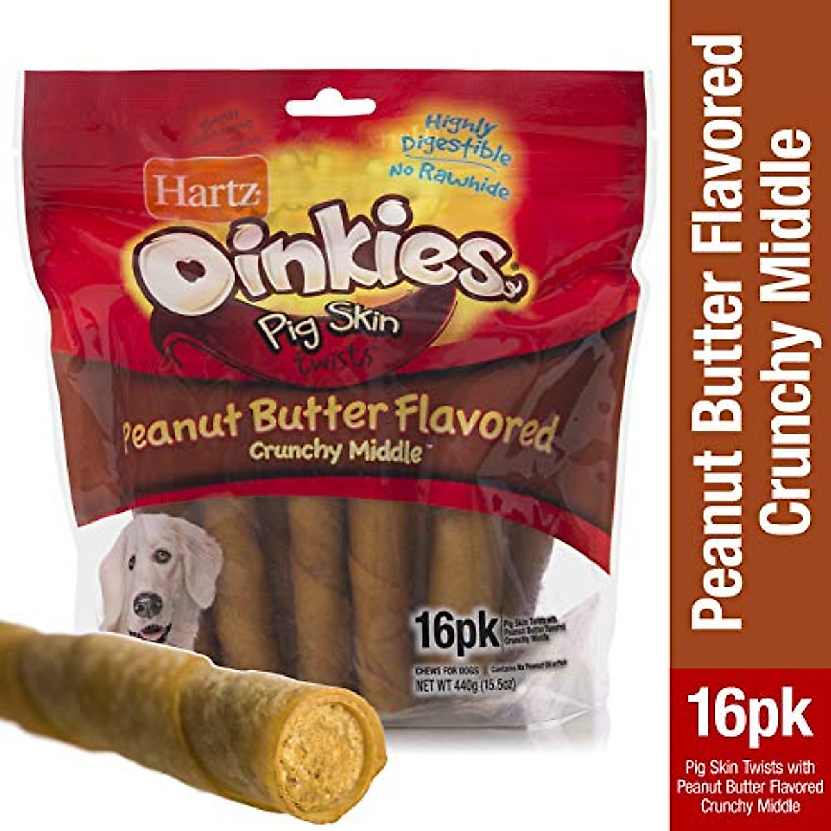 Hartz Oinkies Natural Smoked Pig Skin Twist Peanut Butter Stuffed Dog Treat Chews - 16 Pack - 3270015588