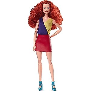 Barbie Looks Doll with Curly Red Hair Dressed in Color Block Top and Glossy Pleather Skirt, Posable Made to Move Body