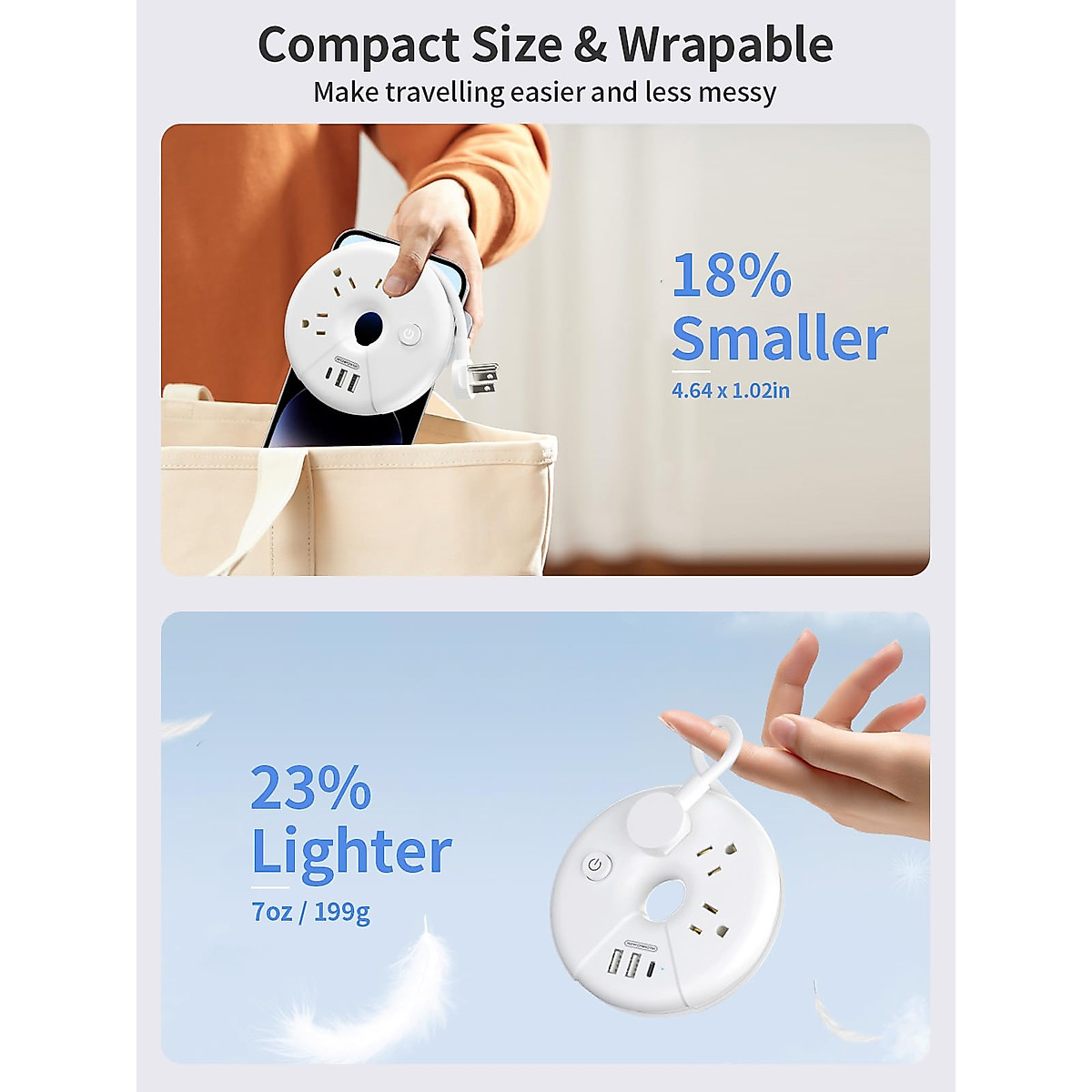 NTONPOWER Travel Power Strip with 3 USB Ports(1 USB C), 3 Outlets,i-Donut Power Strip Flat Plug Extension Cord 1ft Portable Power Strip for Cruise Ship Hotel, Airport,White